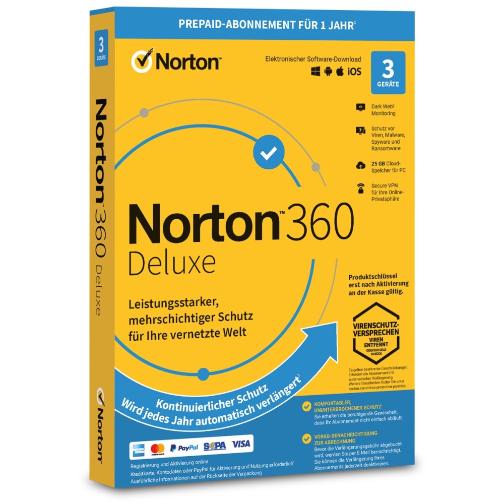 Norton Security Deluxe 360 ESD - 3 Lizenzen (Digitaler Produkt-Key, 1 ...